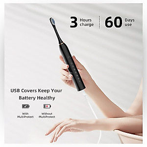 Qhecomce Sonic Electric Toothbrushes USB Rechargeable Ultrasonic Tooth Brush with 4 Brush Heads 6 Cleaning Modes and Smart Timer IPX7 Waterproof Cleaning Toothbrushes for Adults (Black)