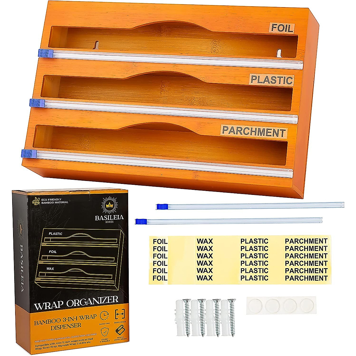 BASILEIA 3 in 1 Plastic Wrap Dispenser with Cutter - Bamboo Foil Organizer with 2 Extra Cutters & 24 Label for Cling Wrap, Aluminum Foil, Wax & Parchment Paper-Rolls up to 12"