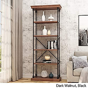 Great Deal Furniture Alma Industrial 5 Shelf Firwood Bookcase, Dark Walnut and Black