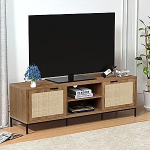 Anmytek Farmhouse Rattan TV Stand for 65 Inch TV Rustic TV Console Table with 2 Rattan Doors Modern Entertainment Center for Living Room Bedroom H0033