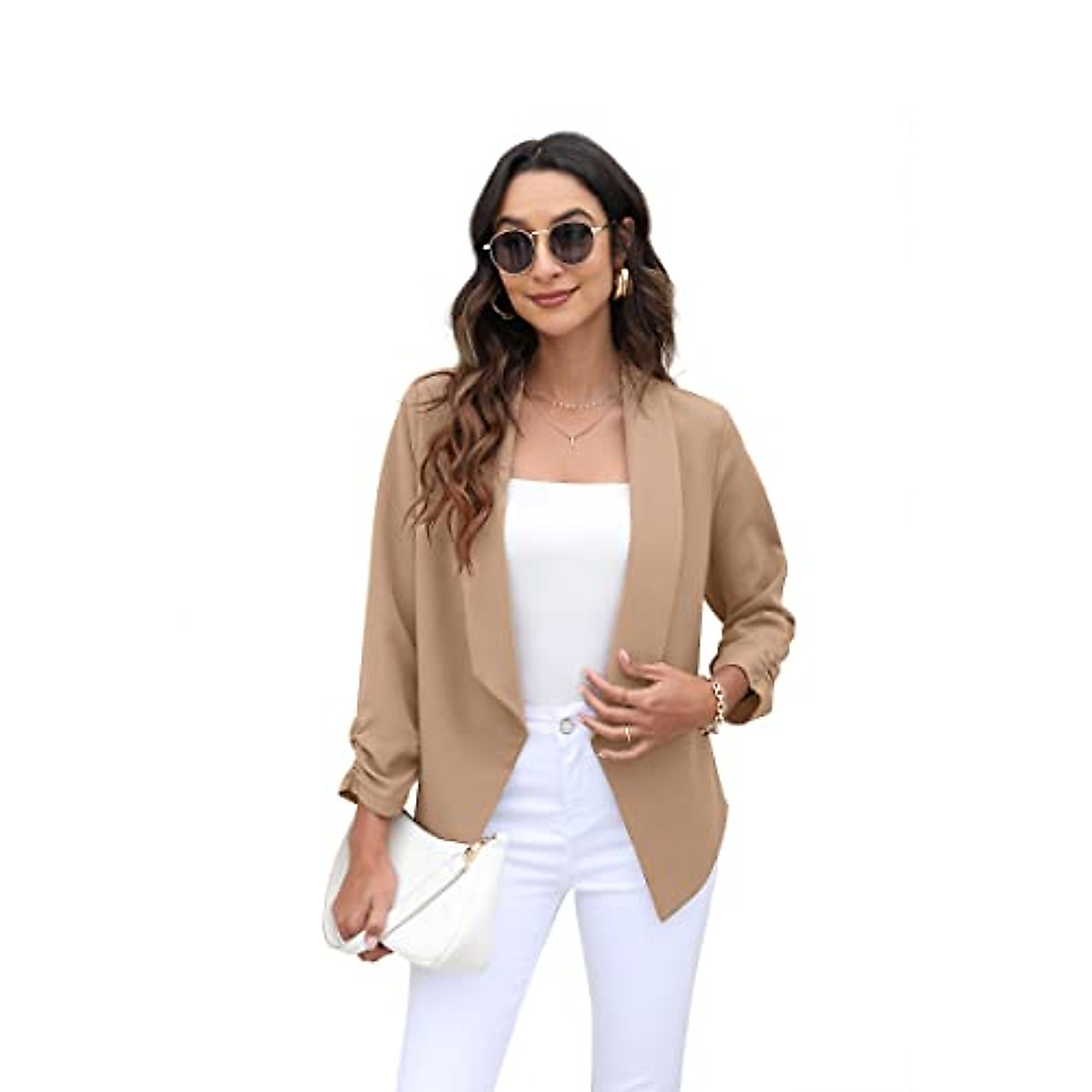 GRECERELLE Women's Office Blazer Jackets Long Sleeve Open Front Cardigan Casual Cropped Blazer Work for Women Khaki-10