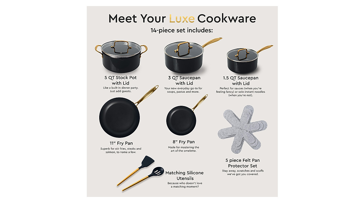 15PC Black and Gold Nonstick Cookware Set - Luxe Design