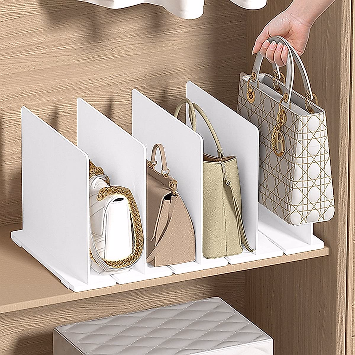 RHBLME Adjustable Shelf Dividers, Plastic Handbag and Purse Organizer, Spacing and Detachable Handbag Organizers for Closets, Space Saving Closet Storage System
