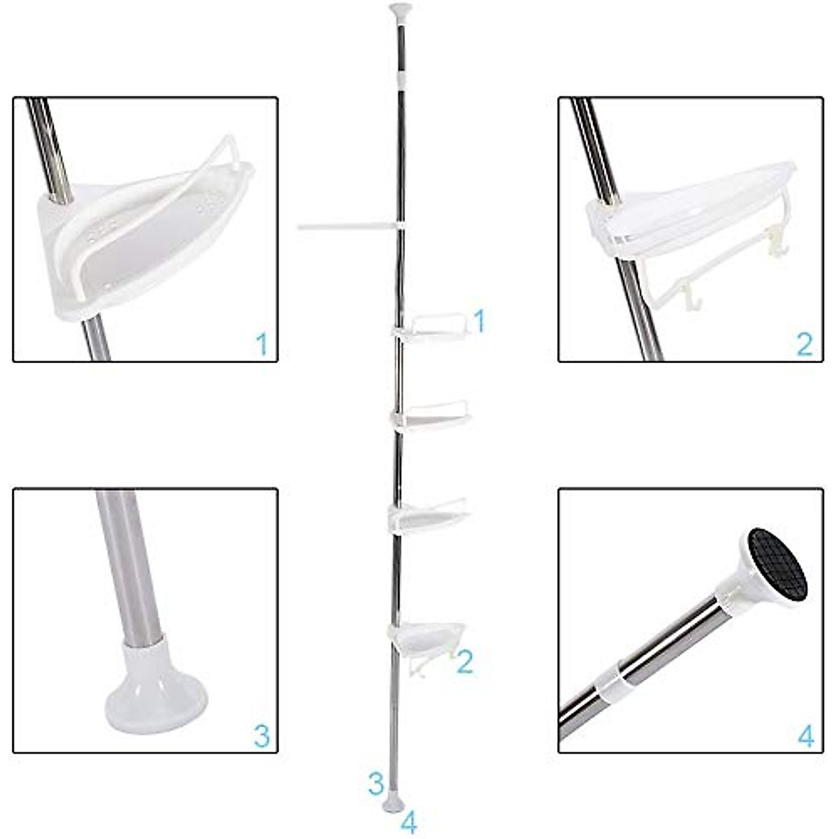 Bathroom Shower Storage Constant Tension Pole Shower Caddy Tension Pole Storage Shelves, Stainless Steel Rod, Adjustable Bathroom Shower Caddy for Shampoo Soap Tower, White
