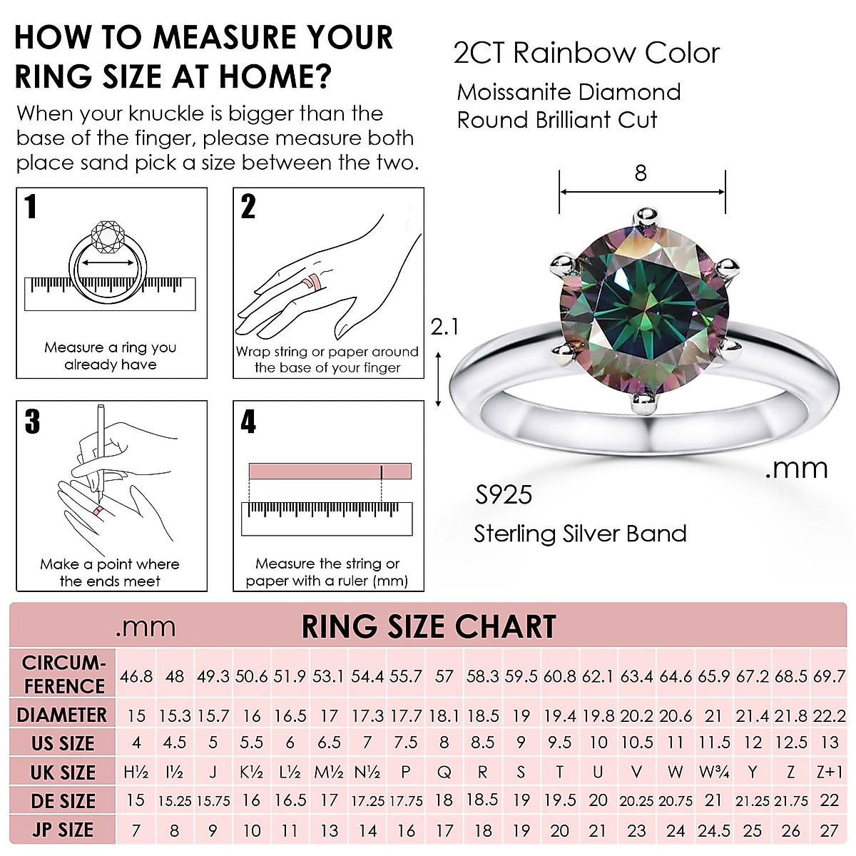 Michooyel 2ct Round Cut Moissanite Engagement Ring for Women Rainbow color Moissanite VVS1 Classic 6 Prongs Setting Solitaire Sterling Silver Women Rings