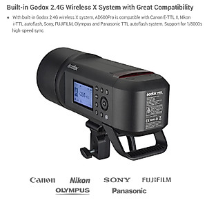 Godox AD600Pro 600Ws TTL Outdoor Flash 2.4G 1/8000s 2600mAh Battery 360 Full Power Flashes,0.01-0.9s Recycle Compatible with Canon Nikon Sony FUJIFILM Olympus Panasonic Strobe Light