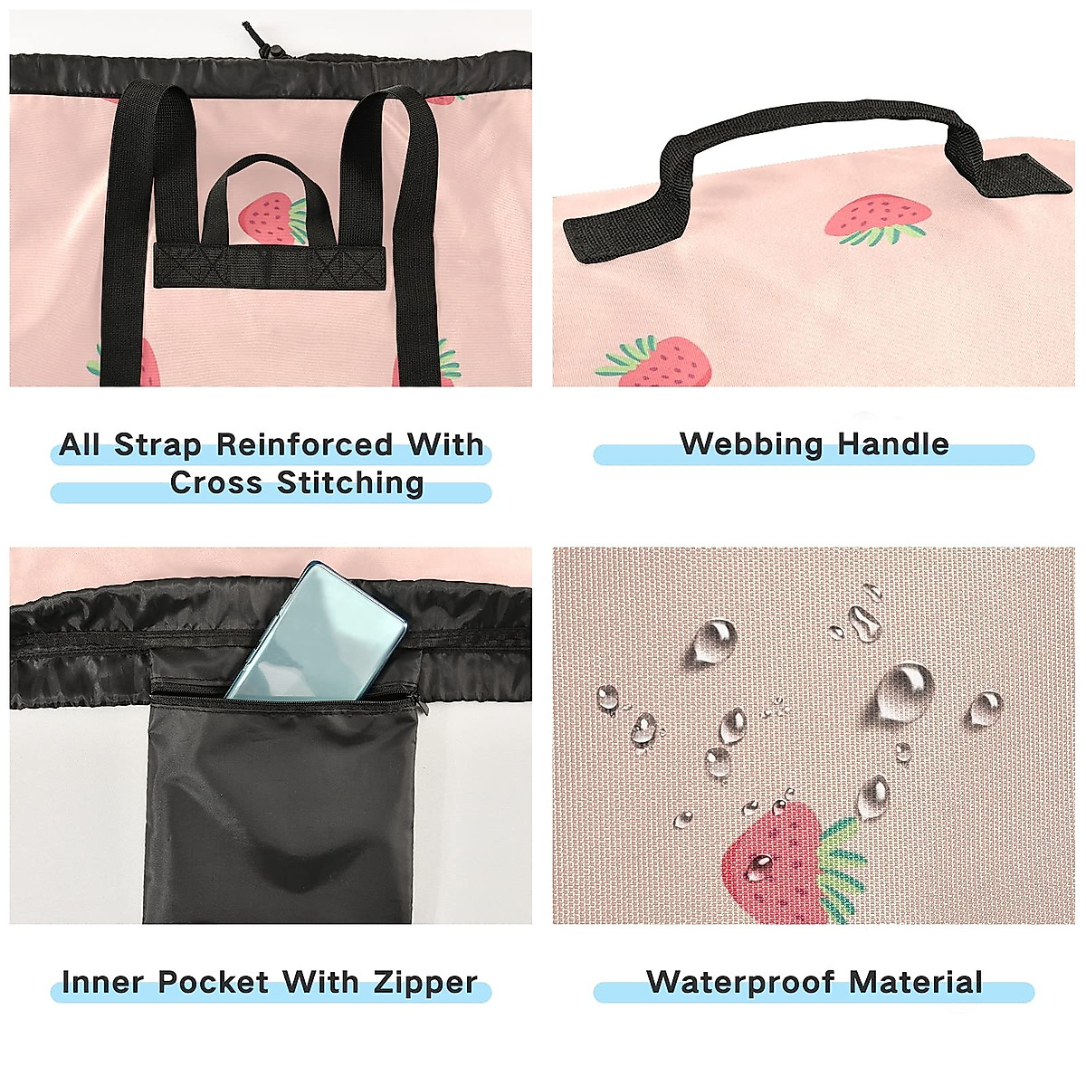 xigua Pink Strawberry Laundry Backpack Bag, Extra Large Laundry Bag with Straps, Portable Backpack Laundry Bag for College Dorm, Apartment, Laundromat