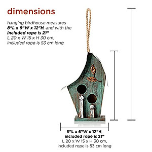 Alpine Corporation YEN134HH-TUR Wooden Birdhouse Outdoor Decor for Garden, Patio, Deck, Porch, 8" L x 6" W x 12" H with Rope: 21”H, Turquoise
