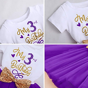 ODASDO Toddler Kids Girls My 3rd Third Birthday Party Dress Sequin Bowknot Headband Cake Smash Outfit Summer Cotton Short Sleeve A-line Tulle Tutu Princess Skirt Photo Props Purple 3 Years