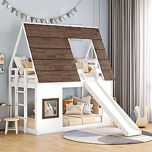 MERITLINE Kids Bunk Beds with Slide, House Bunk Bed with Roof and Windows,Wood Floor Bunk Beds, Twin Over Twin Low Bunk Beds for Girls Boys, White+Brown