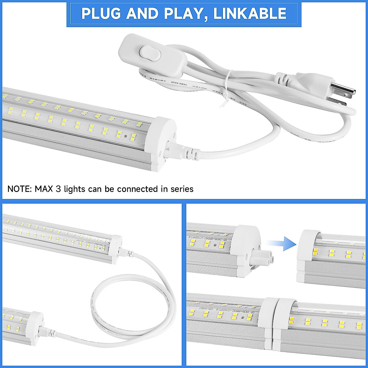 Phiwicsh 8FT LED Shop Light, U Shape 125W Integrated LED Tube Light, 6500K Clear White, 20000LM Super Bright LED Lighting, Flush Mount/Hanging Linkable LED Ceiling Lights for Garage, Plug&Play,6 Pack