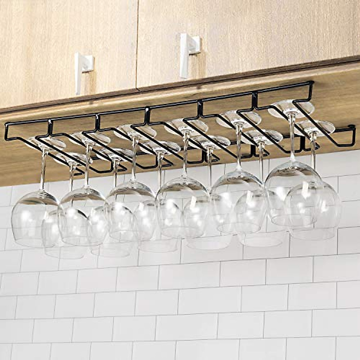 MyGift Modern Black Metal Under-Cabinet Wine Glass Holder | Stemware Storage Organizer Rack | Holds 12 Stemmed Glasses