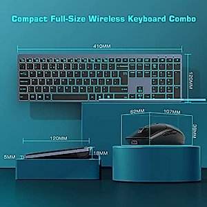 Wireless Keyboard and Mouse Combo Rechargeable, Full Size Wireless Keyboard with Backlit, 2.4G Silent USB Wireless Keyboard Mouse Combo [with USB C Adapter] for Windows, Mac OS Desktop/Laptop/PC