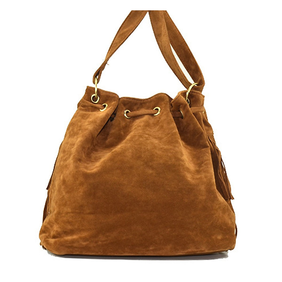 Heidi Bag Women's Fringed Bucket Purse Tassel Faux Suede Shoulder Bag Ring Top-Handle Crossbody Bag (brown)