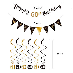 60th Birthday Decoration Kit, Happy 60th Birthday Banner Bunting Swirls Streamers, Triangle Flag Banner for Birthday Party Decorations Supplies Black and Gold 60th