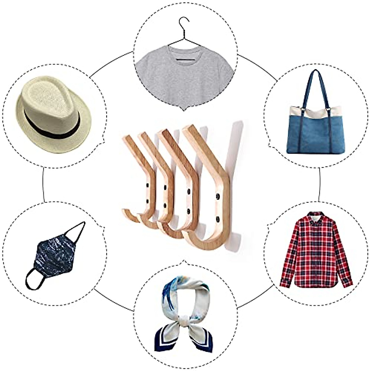 Pack of 4 Wooden Wall Hooks, Decorative Natural Wood Coat Hanger, Mounted Towel Rack for Hanging Jacket, Bags, Backpacks, Mugs, Keys, Fishhook-Shaped Hat Organizers for Entryway, Living Room (Natural)