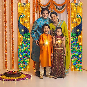 Riceshoot 10 Pcs Diwali Porch Banner Set, 2 Pcs 71 Inches Peacock Front Porch Welcome Sign 6 Pcs 5 ft Orange and Yellow Marigold Garland for Decoration and 2 Pcs 6.5 ft LED Lights for Indian Wedding