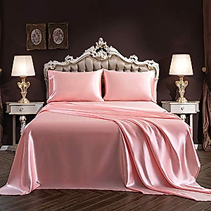 SiinvdaBZX 4Pcs Satin Sheet Set Full Size Ultra Silky Soft Blush Pink Satin Full Bed Sheets with Deep Pocket, 1 Fitted Sheet, 1 Flat Sheet, 2 Envelope Closure Pillowcases