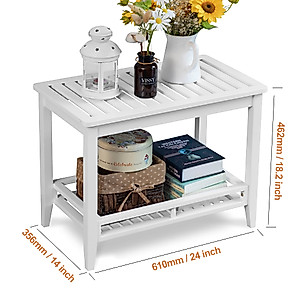 Zoopolyn Bamboo Shower Bench Seat with Storage Shelf Shower Stool Chair for Shaving Legs in Bathroom & Inside Shower White