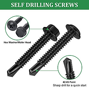 FOLIV 385PCS #8 Self Drilling TEK Screw Assortment Kit, 410 Stainless Steel Black Self Tapping Tcrews, Hex Washer Head & Modified Truss Head Black Screws, Length 1/2" to 1-1/4"