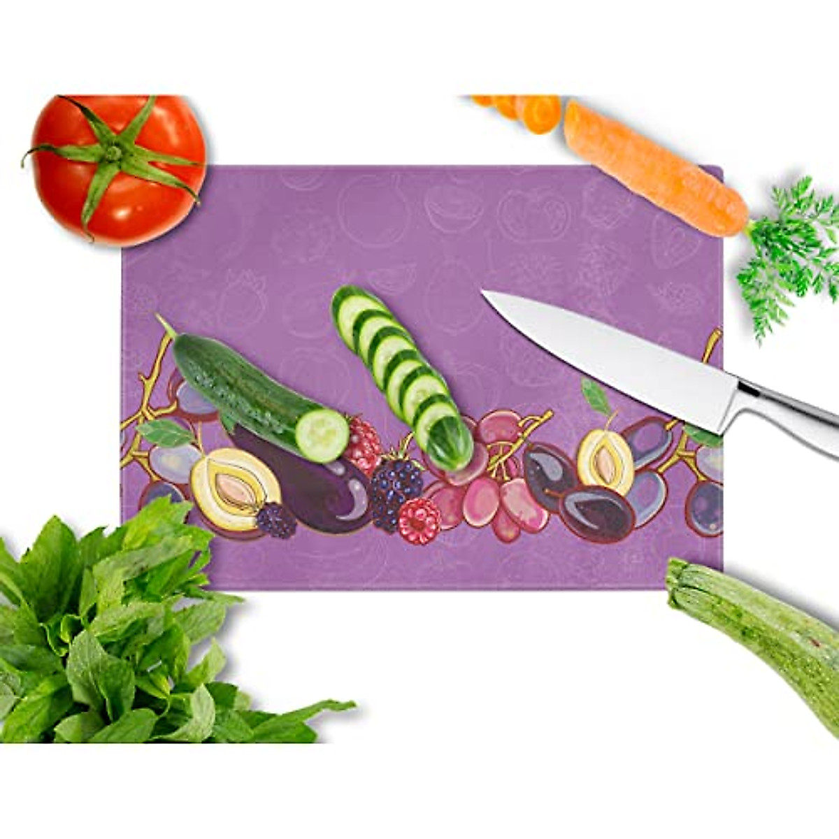 Caroline's Treasures BB5132LCB Fruits and Vegetables in Purple Glass Cutting Board Large Decorative Tempered Glass Kitchen Cutting and Serving Board Large Size Chopping Board