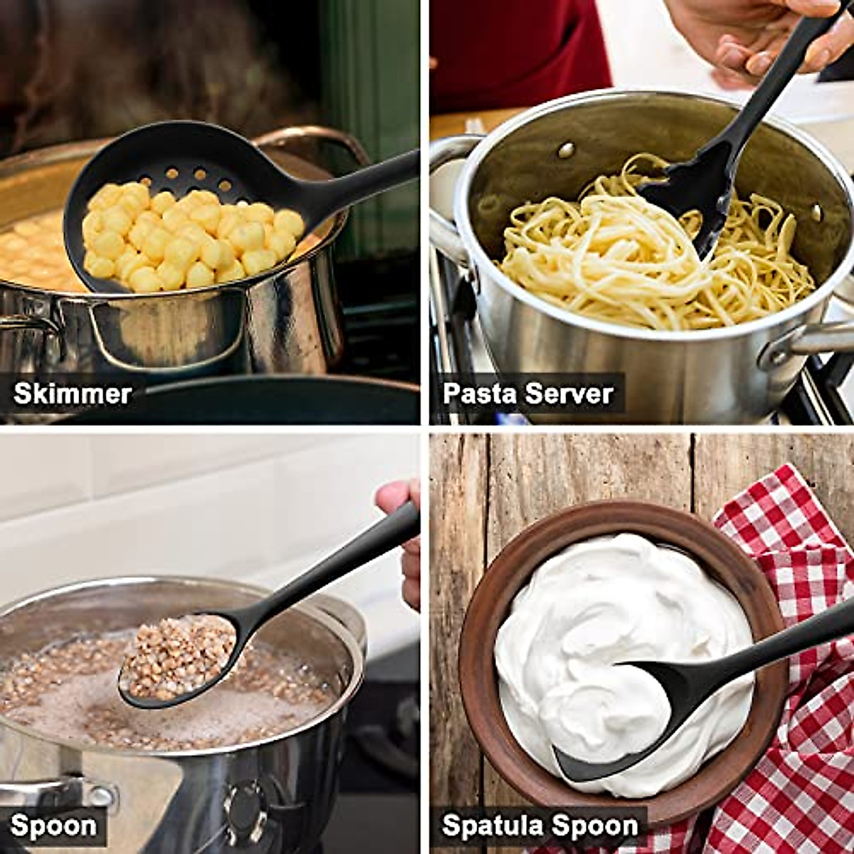 Silicone Cooking Utensils Set, 28PCS Kitchen Utensils Set with Holder, AIKWI Heat-Resistant & Non-stick Silicone Spatula, Tongs,Spoon for Cooking, BPA Free Kitchen Tools Gift (Black)