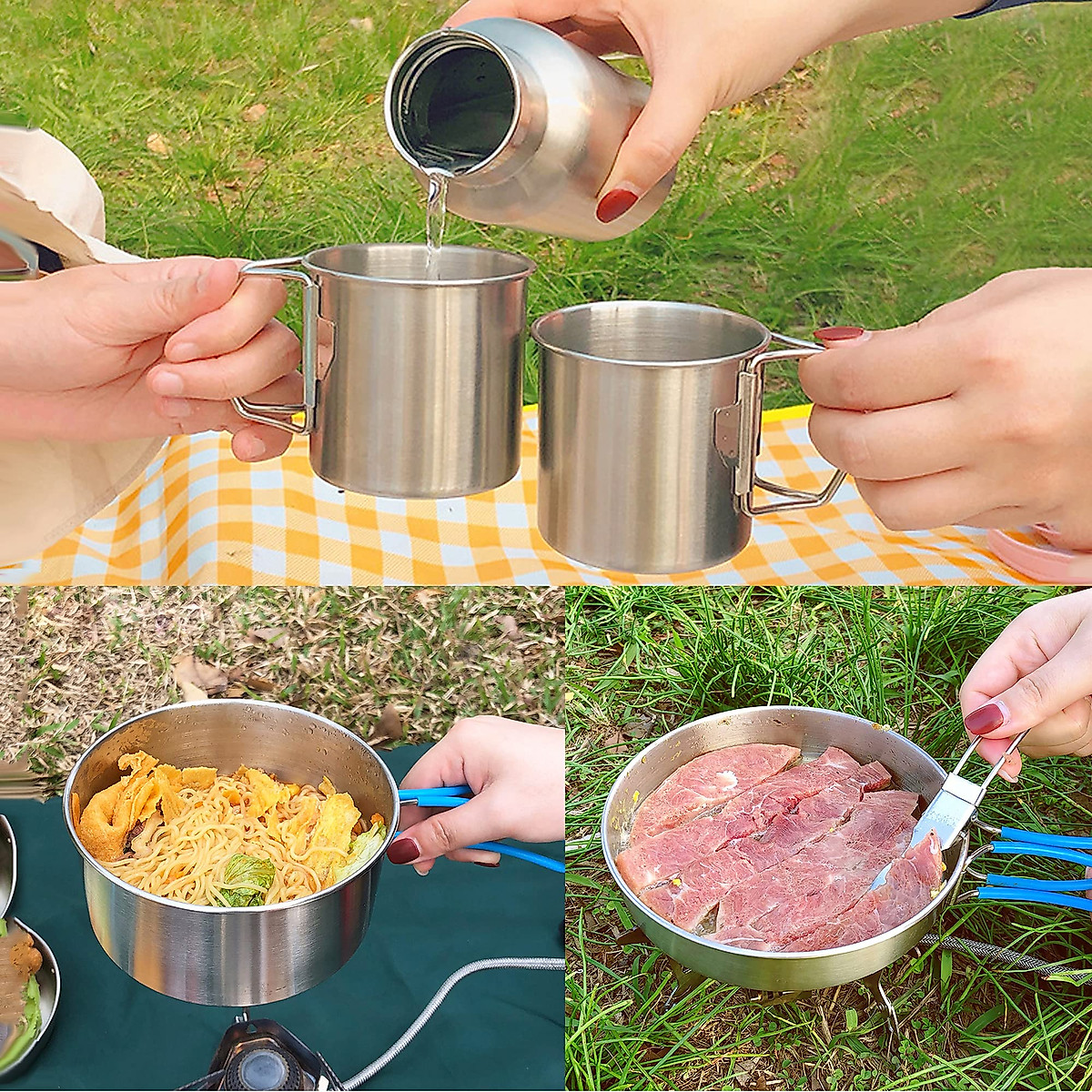 BEFOY Stainless Steel 10Pcs Camping Cookware Mess Kit Cooking Set Backpacking Gear Lightweight Pots and Pans Set with Folding Knife Fork for Outdoor Camping Hiking Picnic