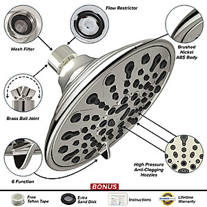 ShowerMaxx, Elite Series: Brushed Nickel Rain Shower Head, 6 Inch 6 Spray Settings Adjustable Rainfall Showerhead with 360 Degree Tilt, Experience MAXX Comfort and Elegance (Brushed Nickel)