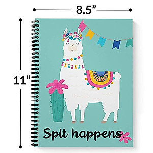 Softcover Spit Happens 8.5" x 11" Funny Llama Spiral Notebook/Journal, 120 Wide Ruled Pages, Durable Gloss Laminated Cover, Black Wire-o Spiral. Made in the USA