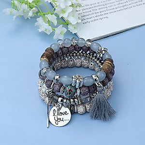 YADOCA 6 Sets Bohemian Wood Beaded Bracelets Set for Women Multilayer Stretch Tassel Bracelets Set Elephant Charm Love Statement Bangles