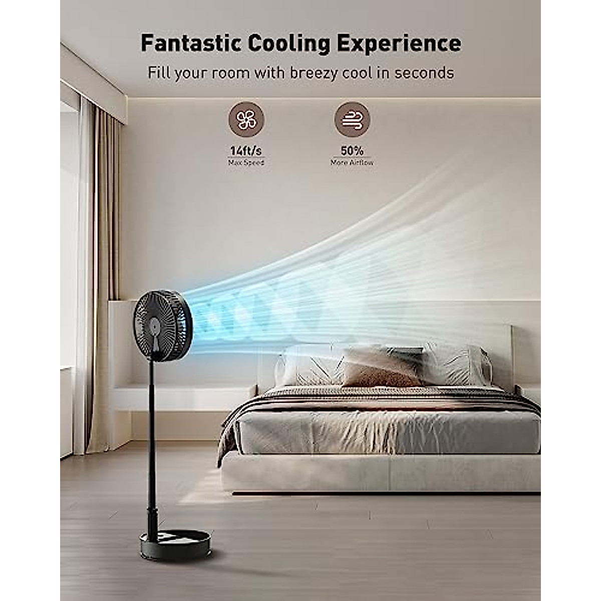 7200mAh Battery Powered Oscillating Fan, 8" Rechargeable Foldaway Fan, 12H Working Time, Height Adjustment, 4 Speeds, Remote Control, Portable Standing Fan for RV, Travel, Camping, Desk, Home, Outdoor