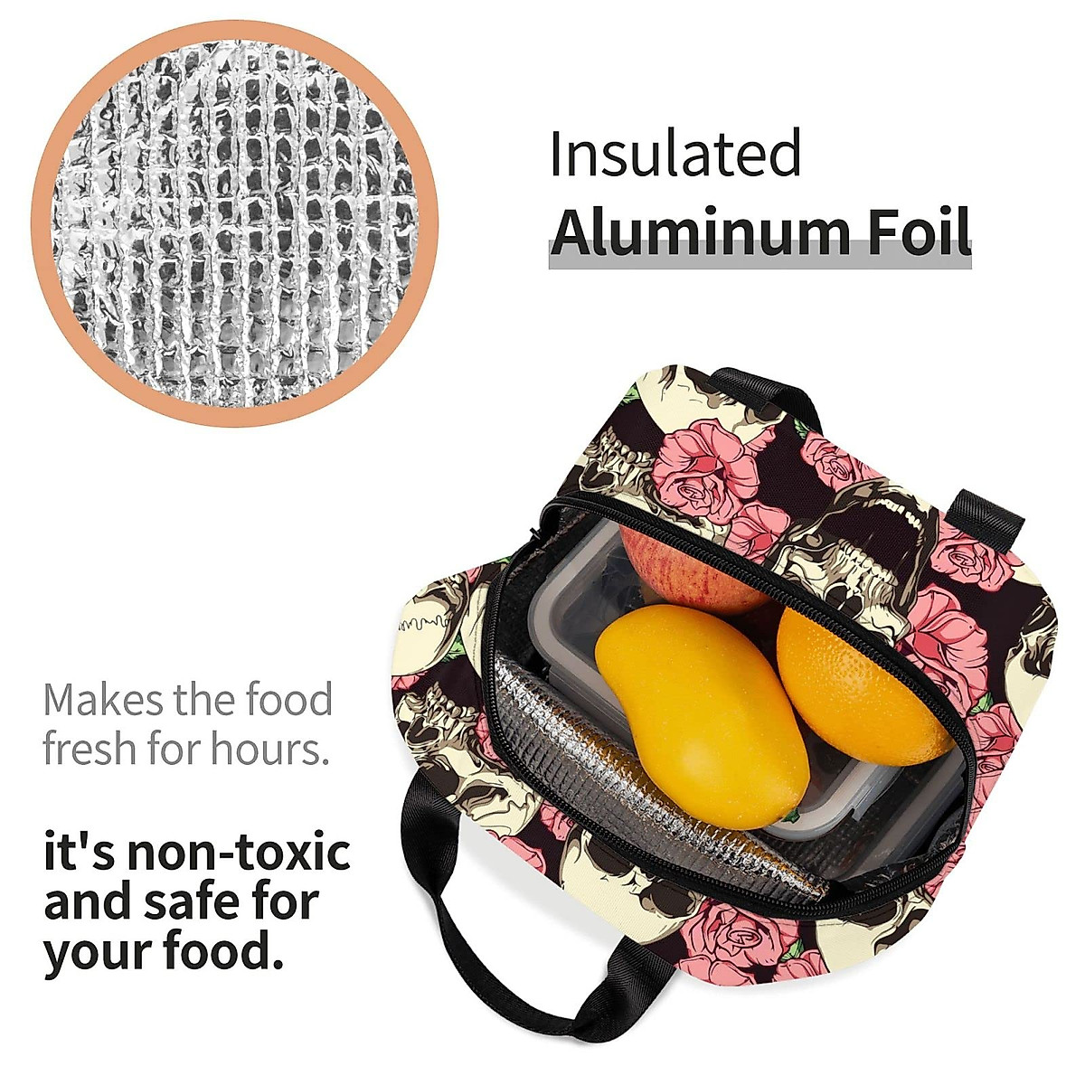 Skull Lunch Bag Box Tote Pink Rose Flowers Organizer Lunch Container Black Insulated Zipper Meal Prep Cooler Handbag For Women Men Home School Office Outdoor Gift