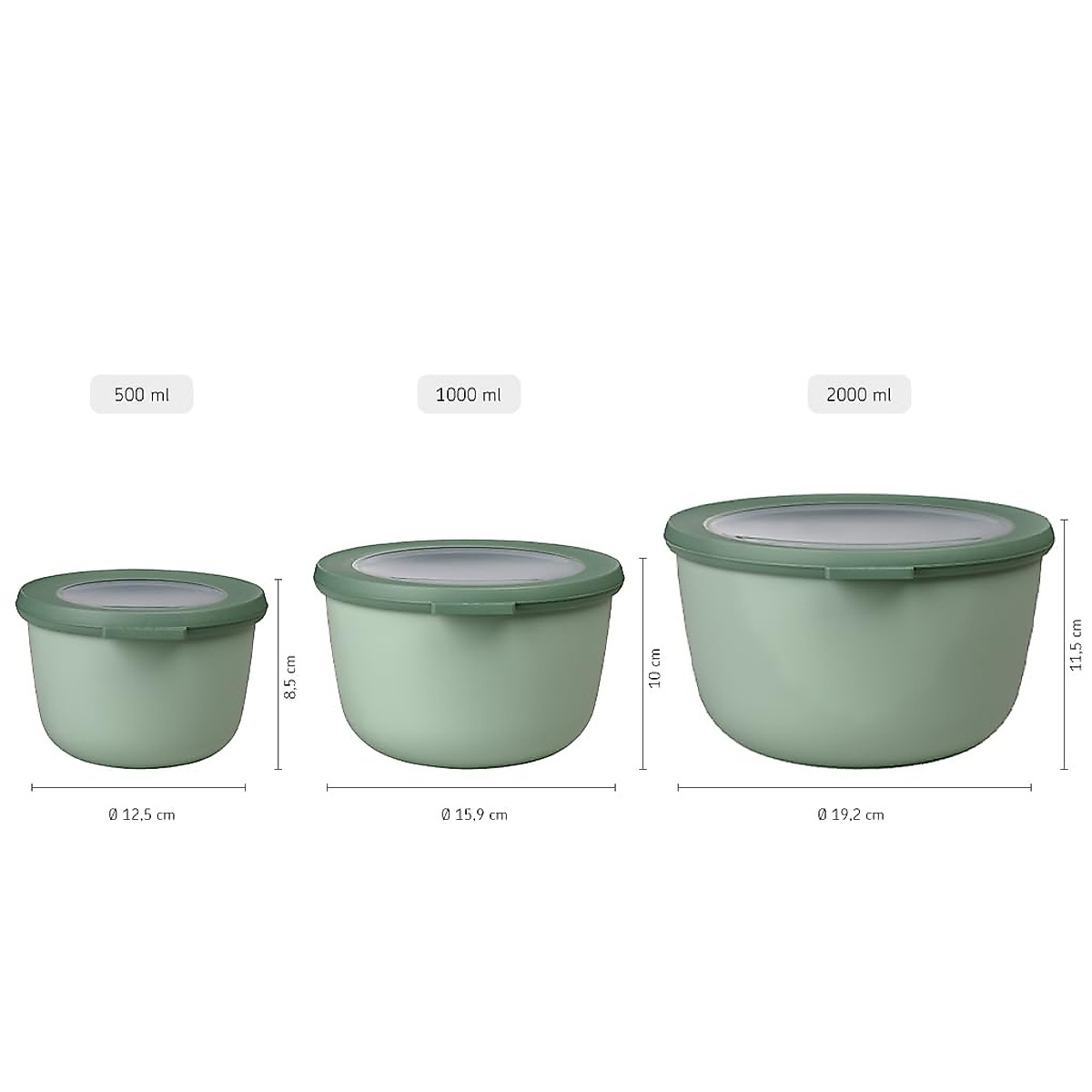 Mepal – Multi Bowl Cirqula 3-Piece Set – Food Storage Container with Lid - Suitable as Airtight Storage Box for Fridge & Freezer, Microwave Container & Servable Dish - 500, 1000, 2000ml - Nordic Sage