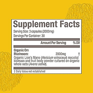 Om Mushroom Superfood Lion's Mane Mushroom Capsules Superfood Supplement, 90 Count, 30 Day Supply, Fruit Body and Mycelium Nootropic for Memory, Focus, Nerve Health and Immune Support
