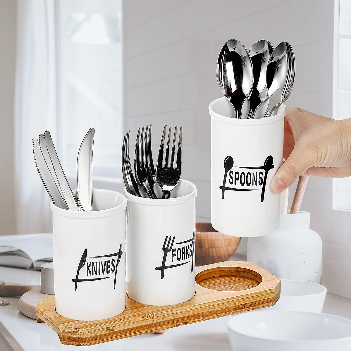 Youeon 3 Pcs Ceramic Silverware Caddy Utensil Holder for Countertop, Silverware Organizer with Bamboo Tray, Spoon and Fork Holder, Flatware Organizer Utensil Caddy for Counter, Cabinet, Restaurant