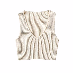 SweatyRocks Women's V-Neck Ribbed-Knit Sleeveless Crop Vest Tank Top Beige S