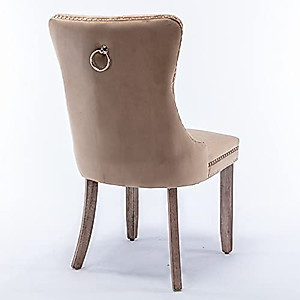 Danxee High-end Velvet Dining Room Chairs Upholstered Elegant Tufted Chair with Luxurious Button Nailed Trim Ring Pull Armless Accent Chair (Khaki, Set of 4)