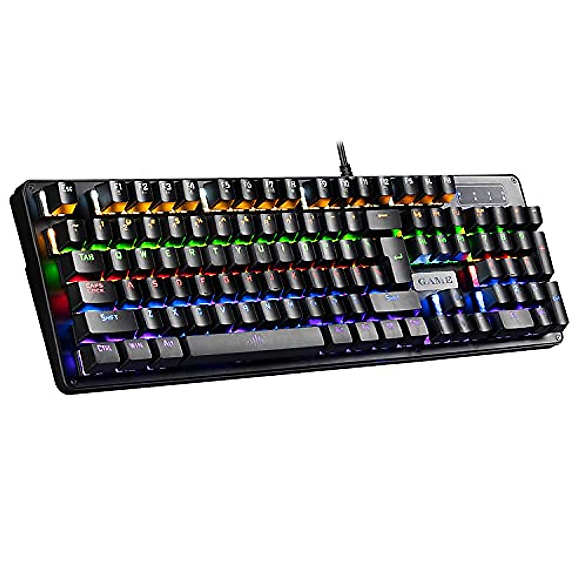 Gaming Keyboard with Customizable RGB Backlight, Tactile & Clicky Blue Switches, 104-Key Anti-Ghosting Wired Keyboard with Surround Lighting, Steel Body for PC and Laptop
