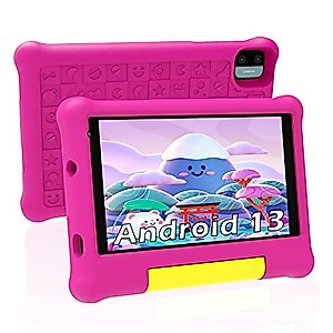 7 inch Android 13 Kids Tablet with Convertible Shockproof Case-Stand, 2GB RAM, 32GB ROM, 2MP Camera, G-Sensor, 3000mAh Battery & Parental Controls - Perfect Choice for Smart Learning & Play (Pink)