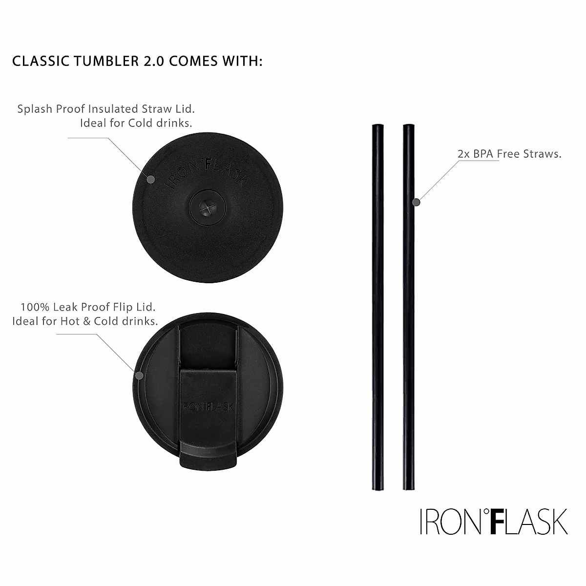 IRON °FLASK Classic Tumbler 2.0-2 Lids (Straw Flip), Vacuum Insulated Stainless Steel Water Bottle, Double Walled, Thermos Travel Mug - Midnight Black, 16 Oz, Mothers Day Gifts for Mom