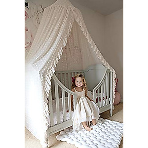 Wonder Space Elegant Kids Bed Canopy - Lace Chiffon Netting with Pom Pom, Princess Girls Fairy Dream Tent, Nursery Room Baby Crib Hanging Curtain Mosquito Net Children Reading Nook Decoration (Beige)