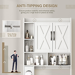 JUMMICO Over The Toilet Storage Cabinet, Bathroom Organizer with 2 Magnetic Doors and Adjustable Shelves, Home Space-Saving Toilet Rack with Paper Holder Stand, for Bathroom, Restroom, Laundry (White)