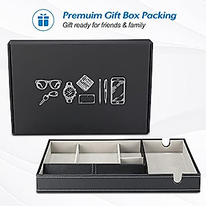 Procase PU Valet Tray for Dad Gift from Son Daughter - Nightstand Organizer EDC Dump Catchall Trays with Phone Charging Station, Dresser Top Entryway Faux Leather Storage Box -Black
