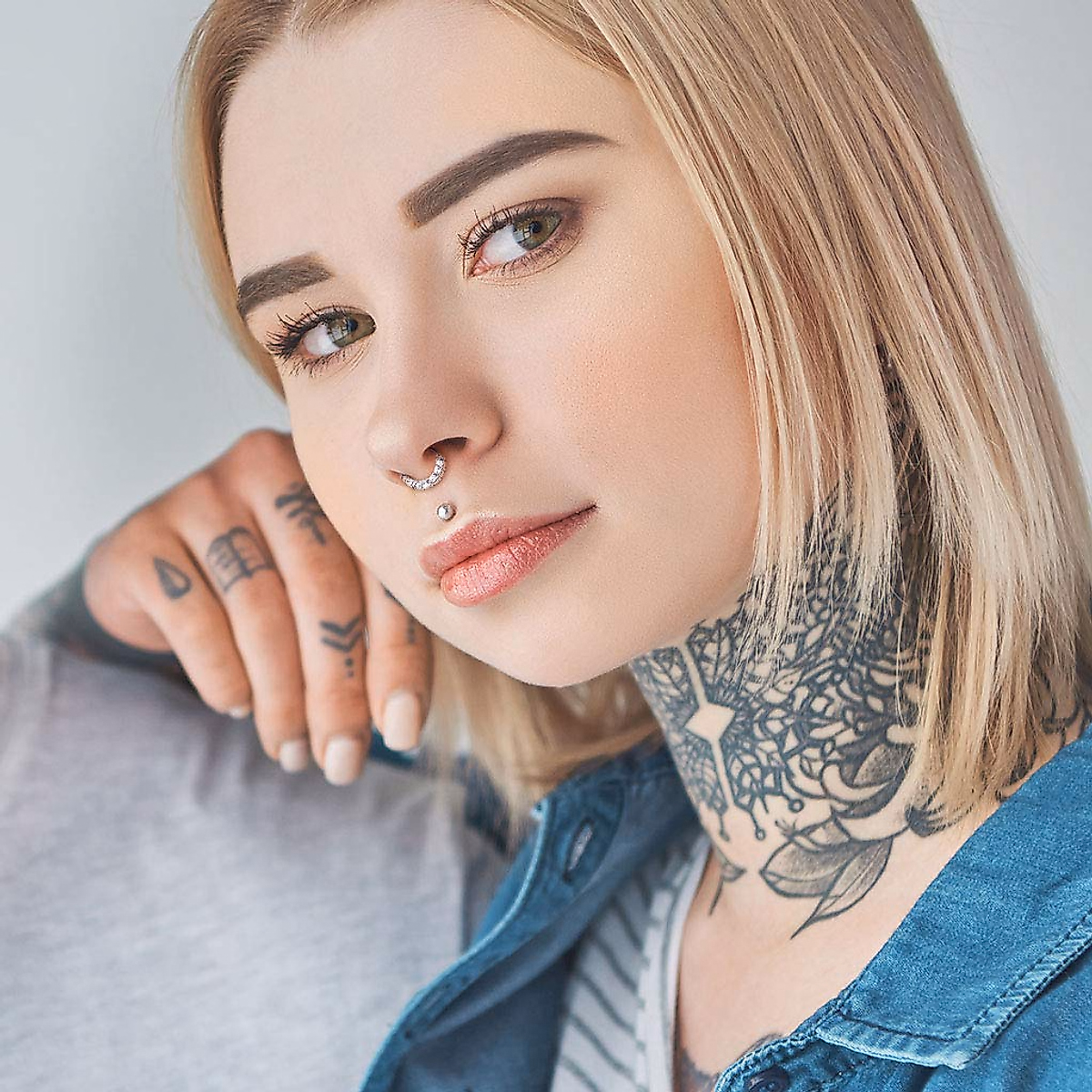 Amelia Fashion 16 Gauge 7 Gem Front Facing Set Bendable Nose Ring Hoop for Nose, Eyebrow, Ear Cartilage All Surgical Steel (Choose Color) (Aurora Borealis)