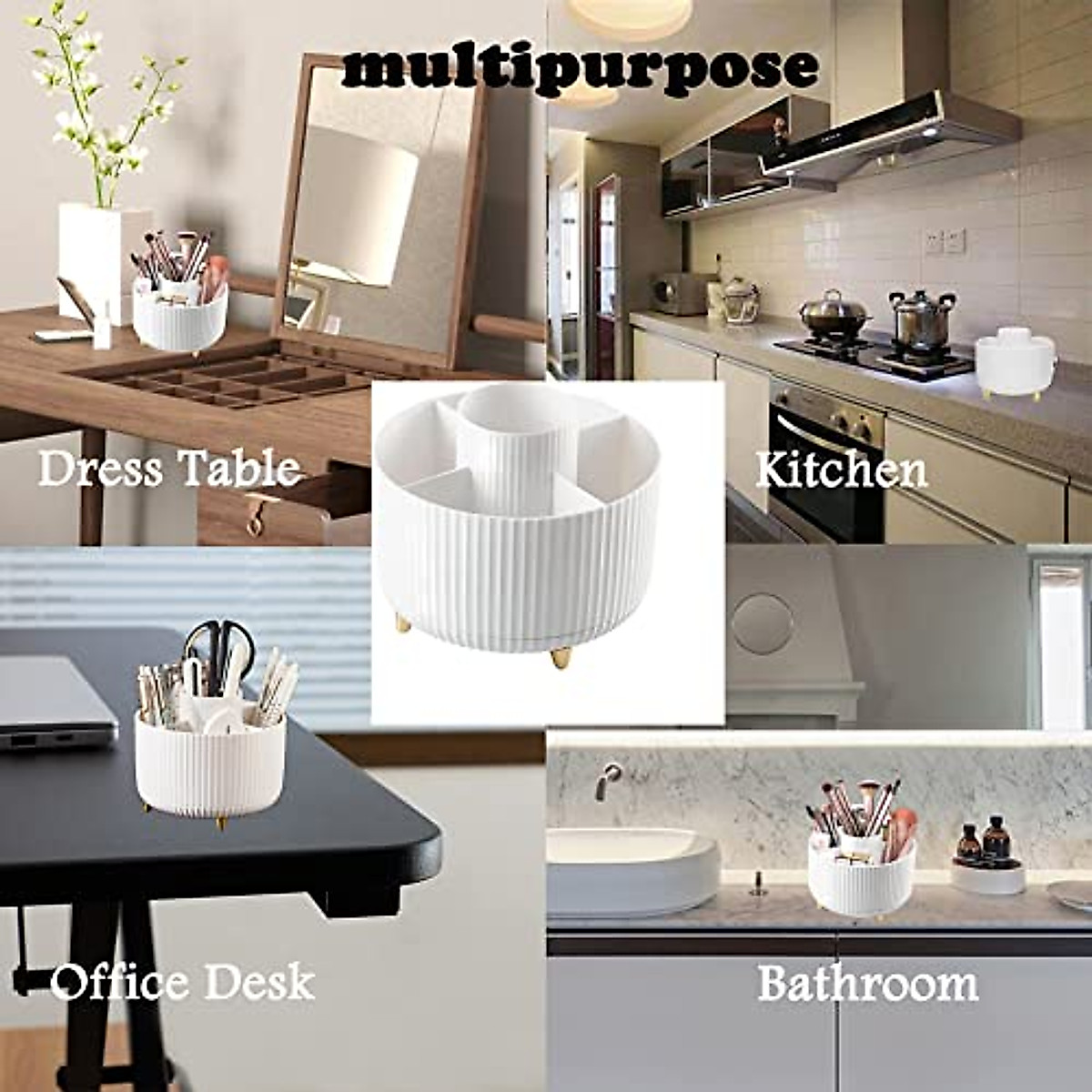 Large Capacity Rotating Makeup Organizer 360 Degree Brush Organizer with 5 Slots Makeup Brush Holder for Vanity Decor Bathroom Countertops Cosmetic Display Cases (White)