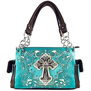 Zelris Western Floral Blossom Cross Women Conceal Carry Shoulder Handbag (Turquoise)