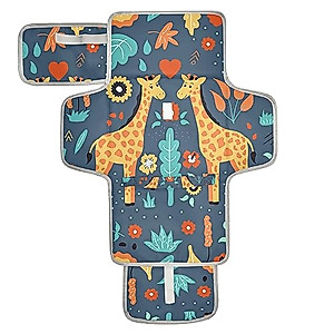 Bulletgxll Cartoon Couple Giraffes Portable Diaper Changing Pad Waterproof Changing Pad with Baby Tissue Pocket and Magic Stick for Newborn Baby.