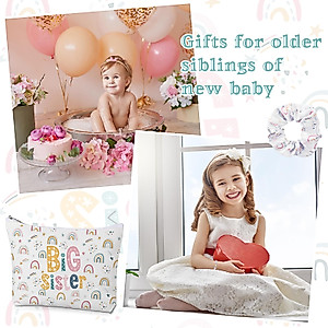 Sieral 4 Pcs Big Sister Gifts for Girls Cute Big Sister Makeup Bag 14oz Stainless Steel Tumbler Scrunchies Big Sister Bracelet for Little Girls of New Baby Christmas Birthday(Multicolor,Rainbow)