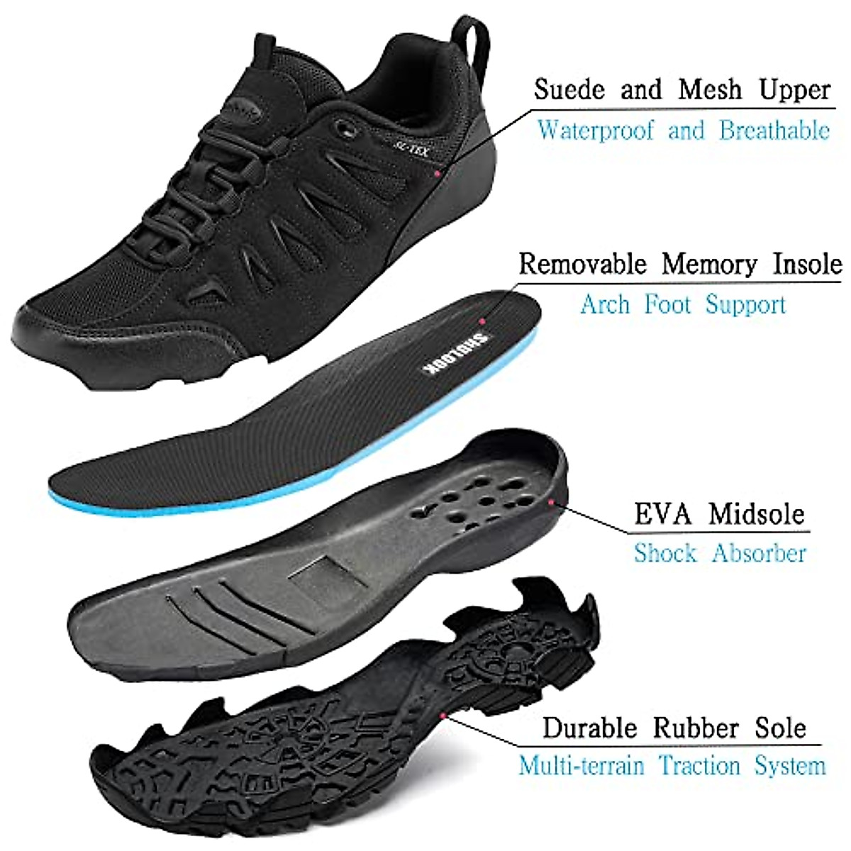 SHULOOK Men's Waterproof Hiking Shoes Lightweight Anti Slip Outdoor Ankle Boots Breathable Hike Trekking Trails Shoe All Black 11