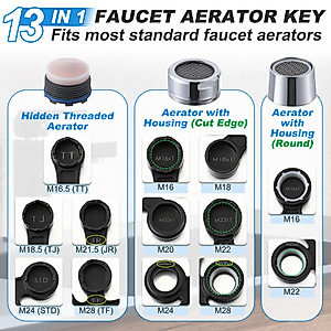 Enhon 13 in 1 Faucet Aerator Removal Tool, Metal Aerator Key Wrench for Hidden TF, TJ, TT, JR, STD and Cut Edge/Round Aerator with Housing M16 M18 M20 M22 M24 M28 (Black Mist)